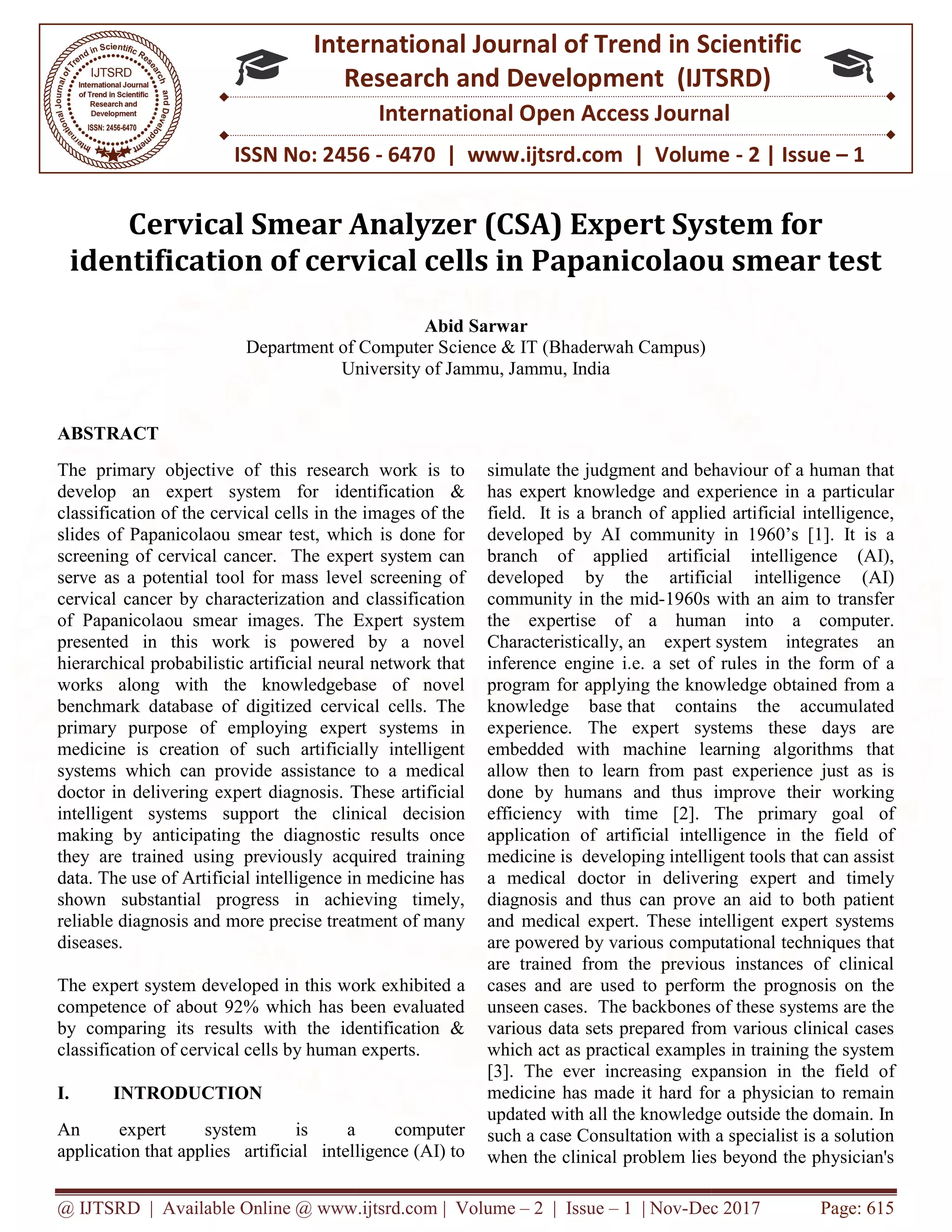 Cervical Smear Analyzer (CSA) Expert System for identification of ...