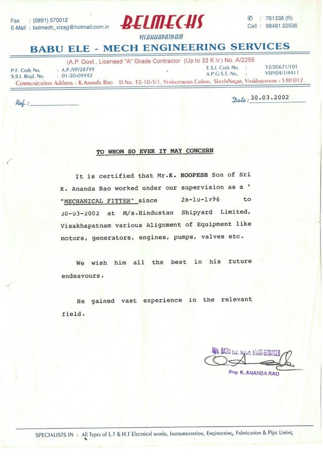 service certificate[ babu ele-mech] | PDF