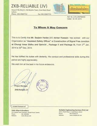 Safety Officer Experience Certificate