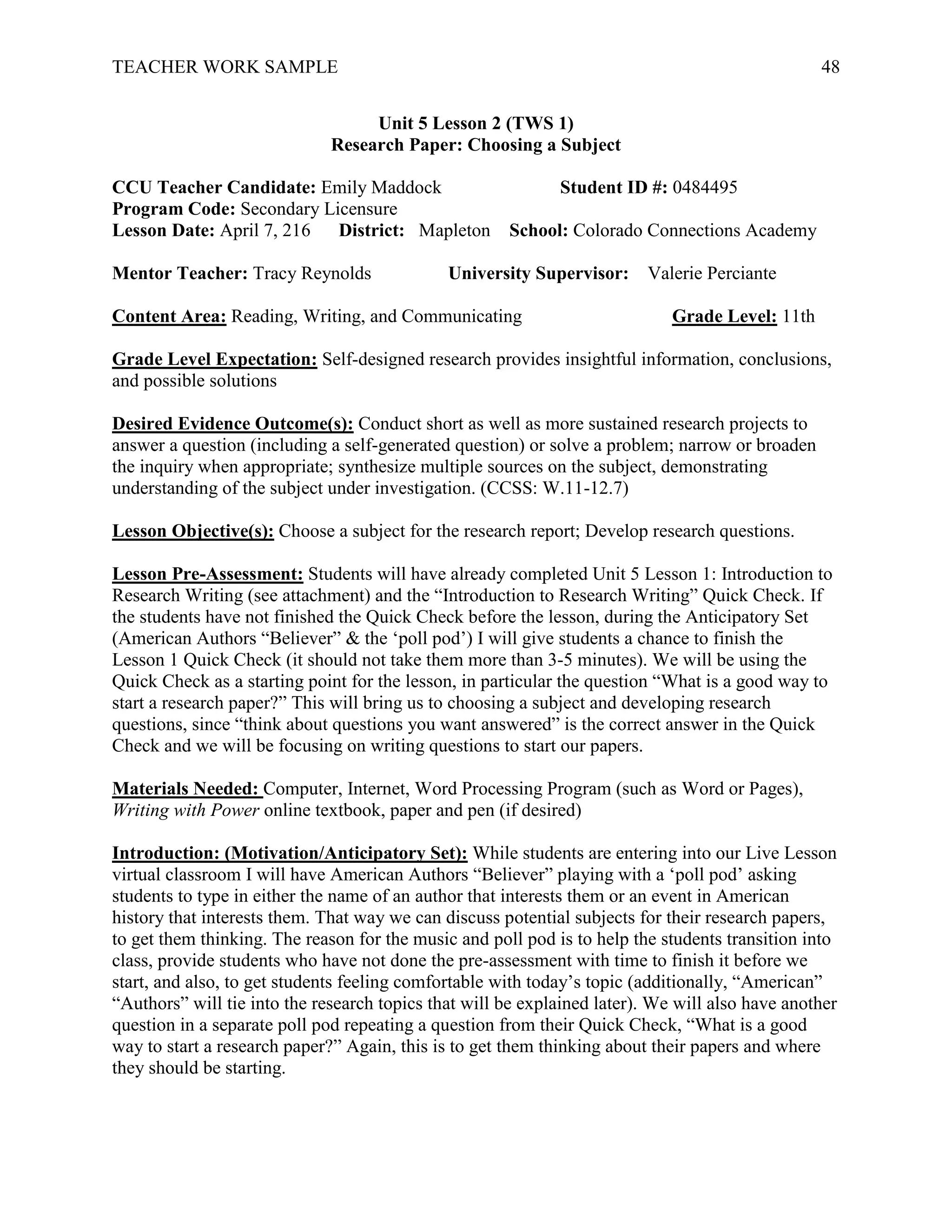 Emily Maddock Teacher Work Sample with Completed Logs | PDF