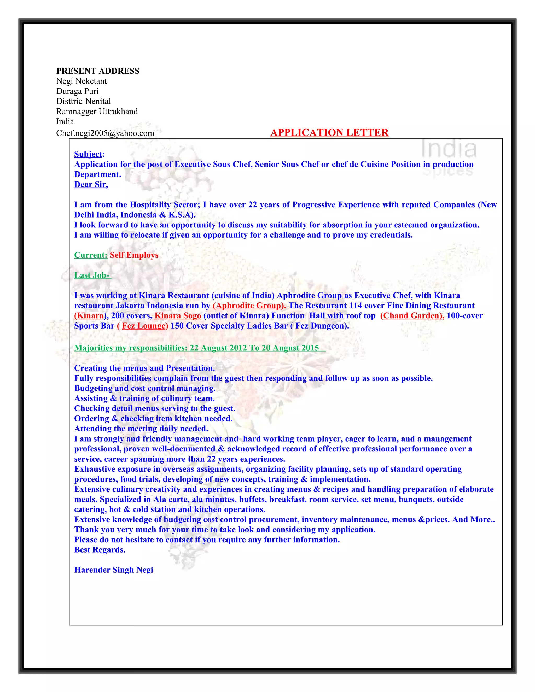 Chef Negi CV | DOC | Hospitality Industry | Industries