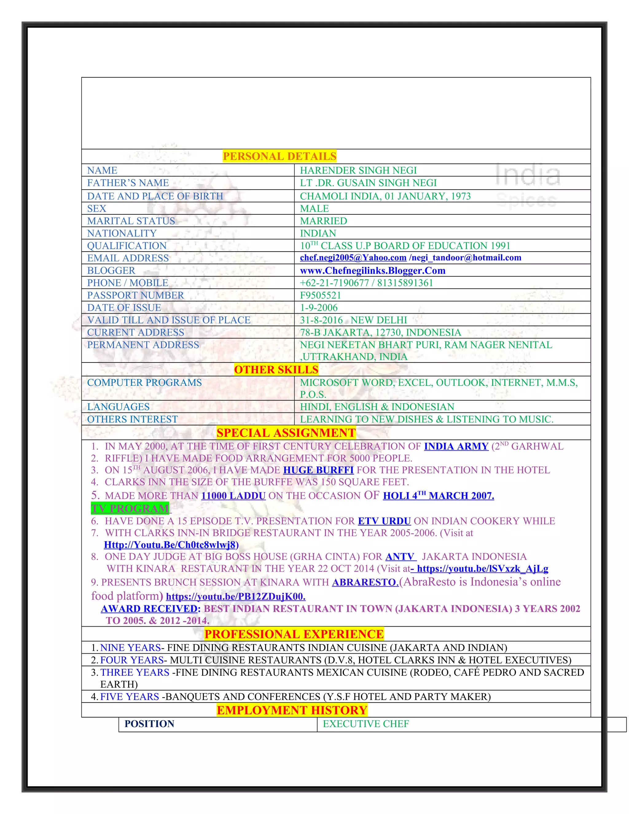 Chef Negi CV | DOC | Hospitality Industry | Industries