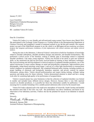 Valeria Di Credico evaluation letter from MK Harman Jan2015 | PDF | Science