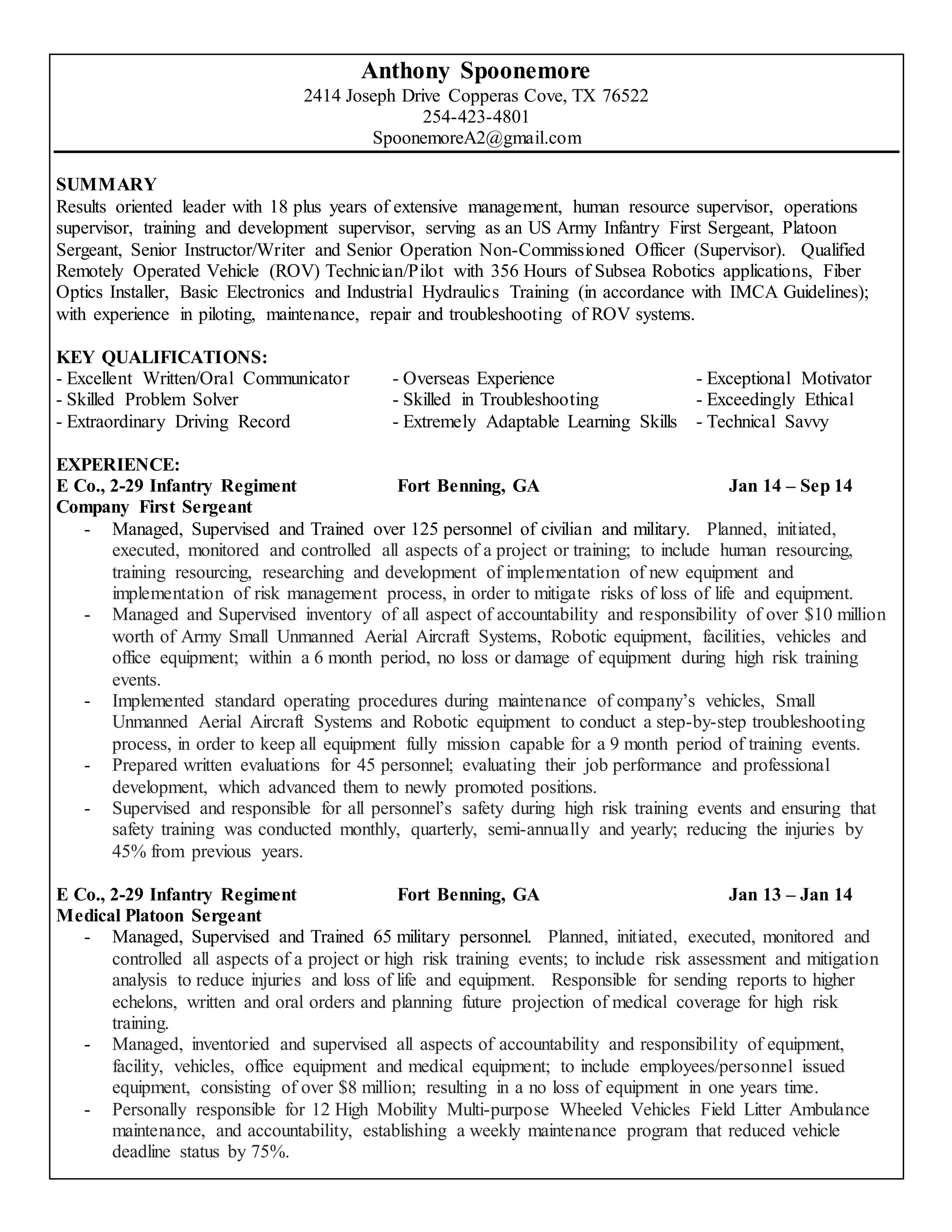 Anthony Spoonemore's Resume | DOCX | Business and Finance