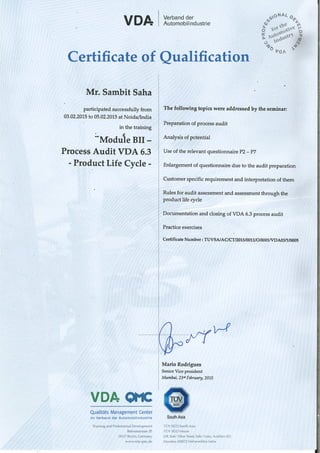 VDA 6.3_Module BII Process Audit_Product life Cycle _Certificate | PDF