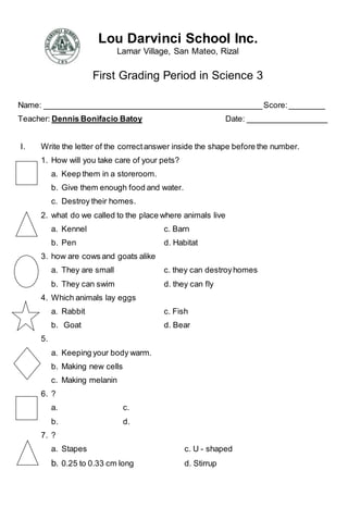 Science 3 long test | PDF