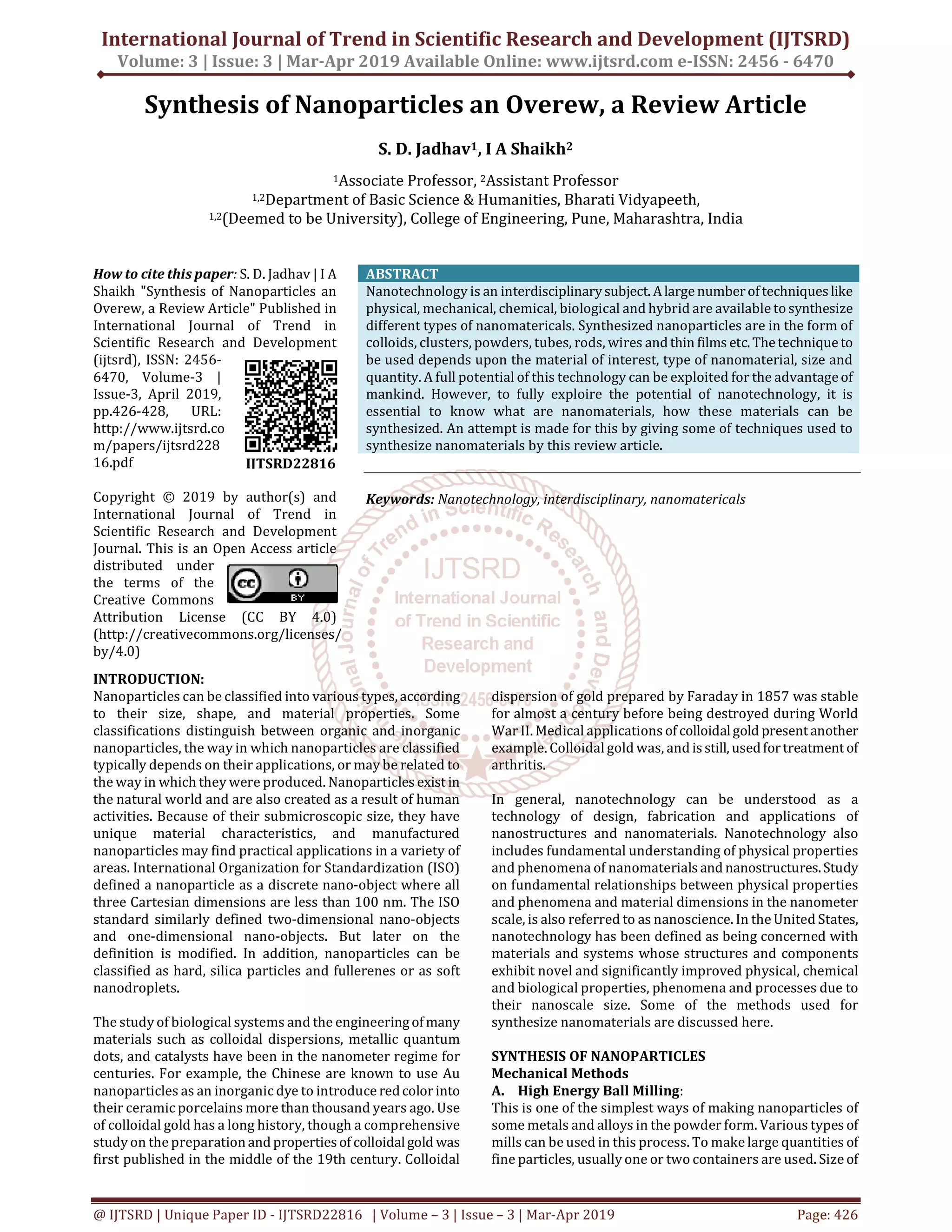 Synthesis of Nanoparticles an Overew, a Review Article | PDF