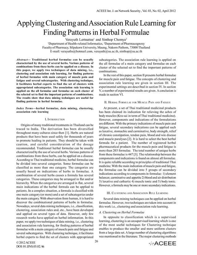 Applying Clustering and Association Rule Learning for Finding Patterns in Herbal Formulae | PDF