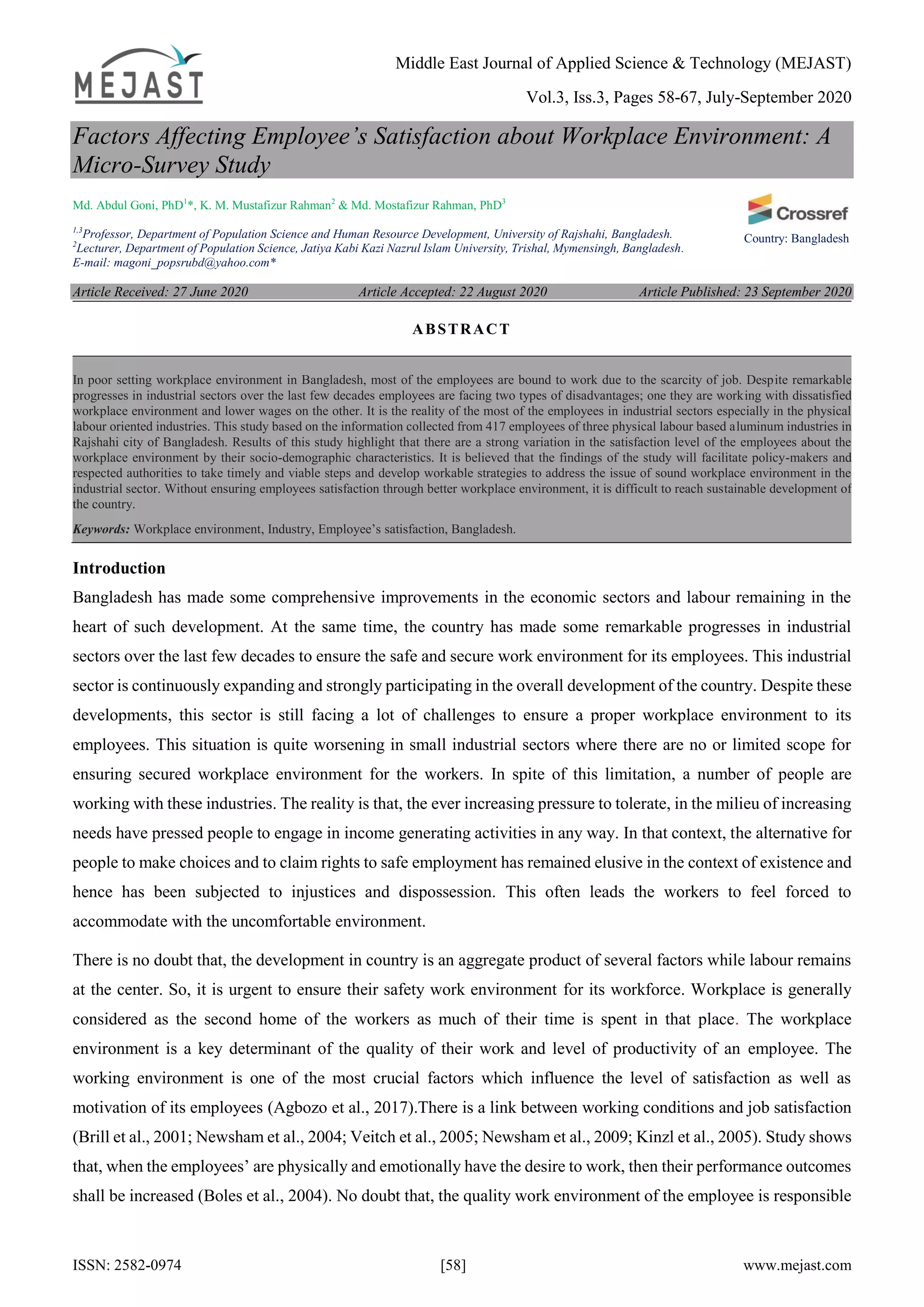 Factors Affecting Employee’s Satisfaction about Workplace Environment ...