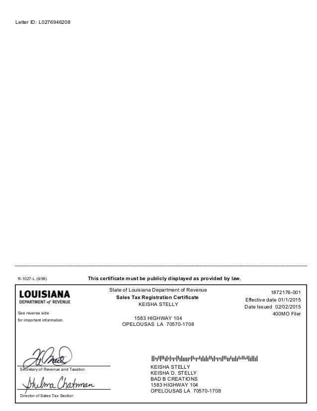 Sales Tax Certificate