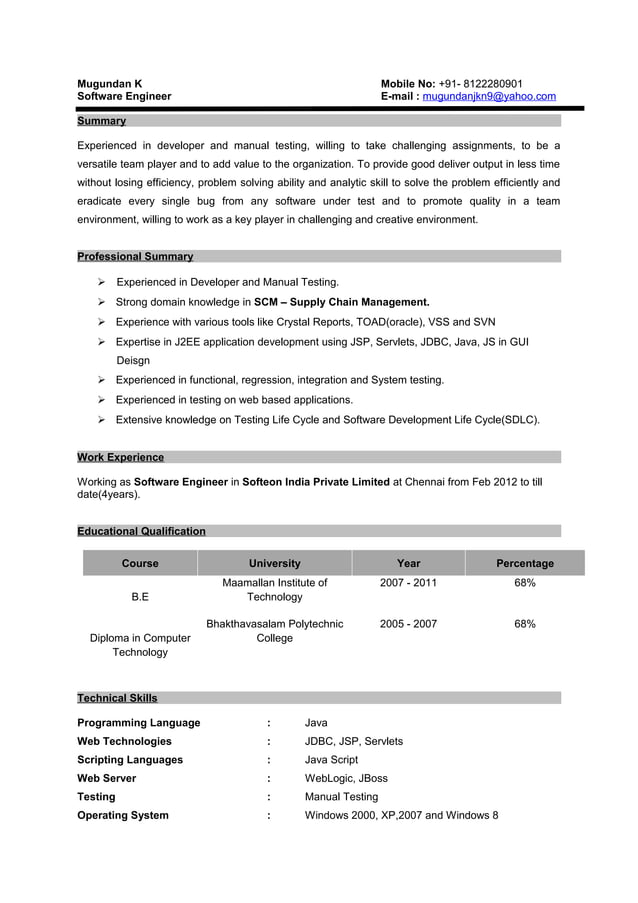Mugundan Resume | DOC | Databases | Computer Software and Applications