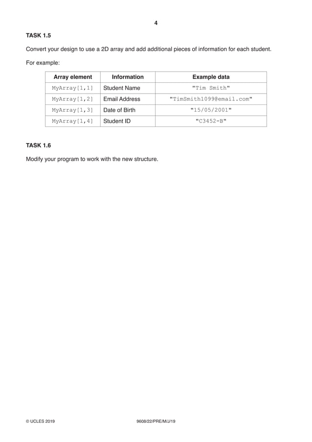 9608 Computer Science Cambridge International AS level Pre-Release May June paper 22 2019 Tasks ...