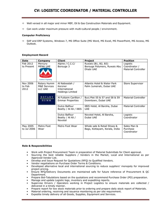 CV Logistic Coordinator_Material Controller -1 | PDF | Logistics | Business