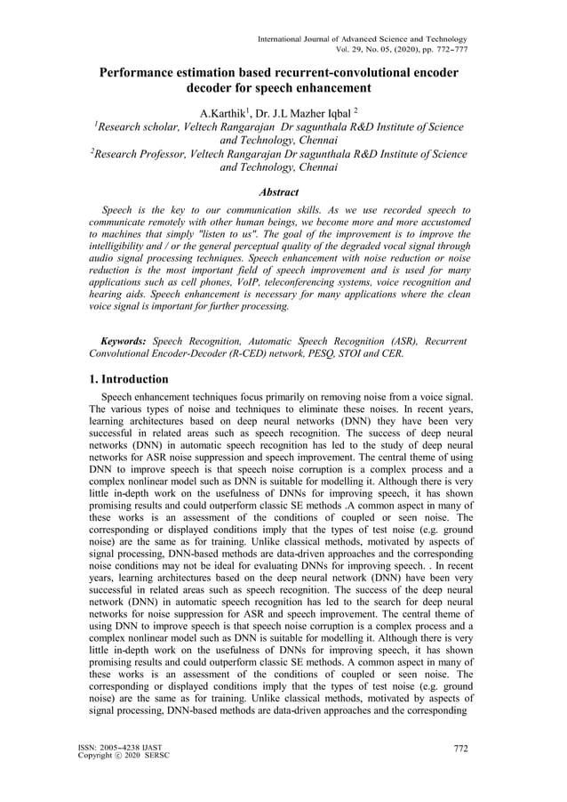Performance estimation based recurrent-convolutional encoder decoder for speech enhancement | PDF