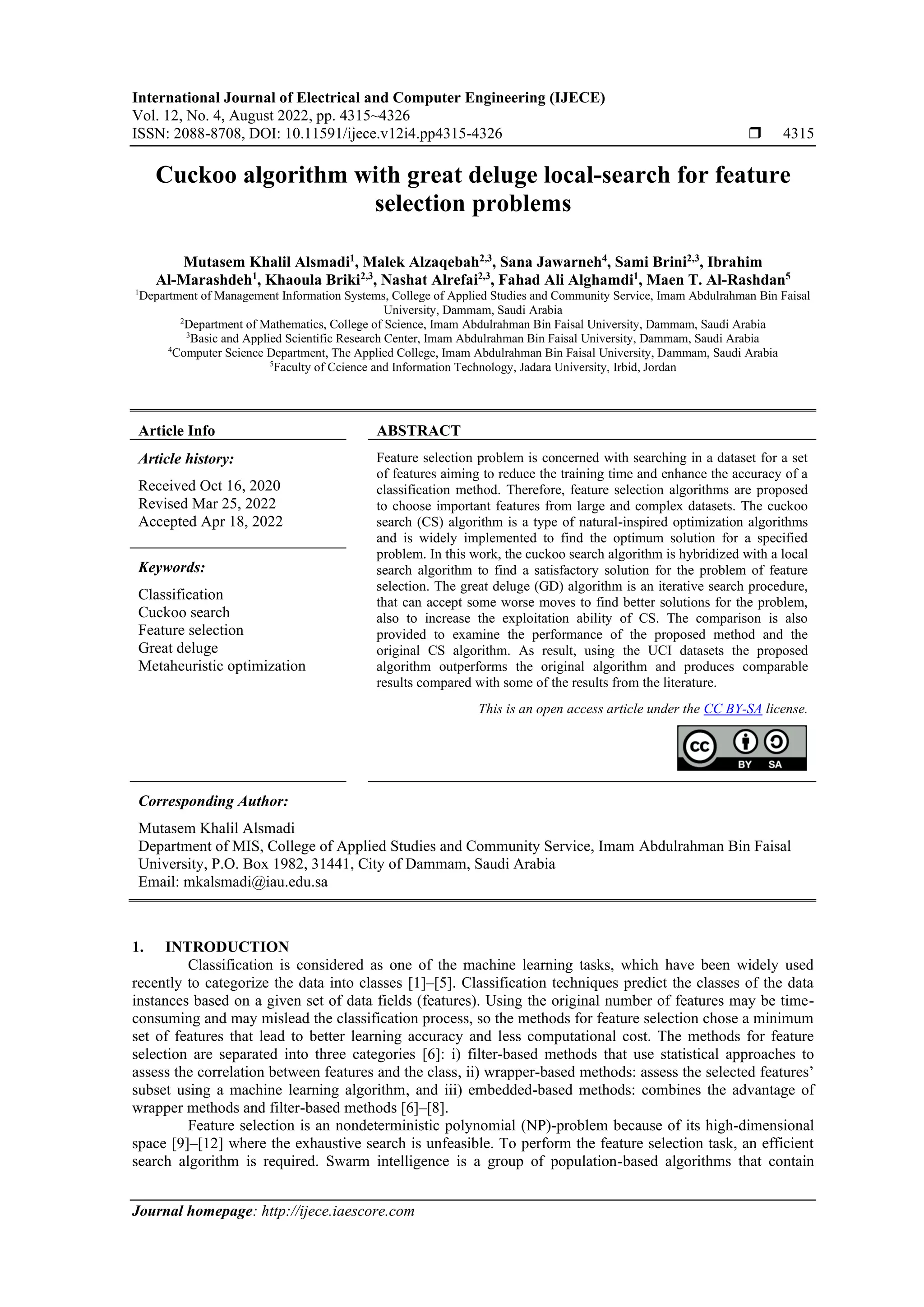 Cuckoo algorithm with great deluge local-search for feature selection problems | PDF