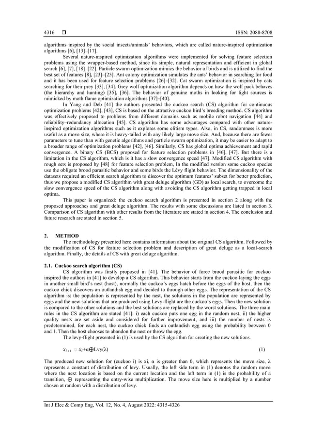 Cuckoo algorithm with great deluge local-search for feature selection problems | PDF