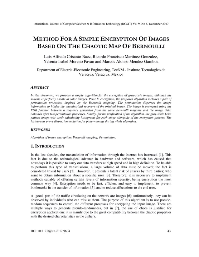 METHOD FOR A SIMPLE ENCRYPTION OF IMAGES BASED ON THE CHAOTIC MAP OF BERNOULLI | PDF