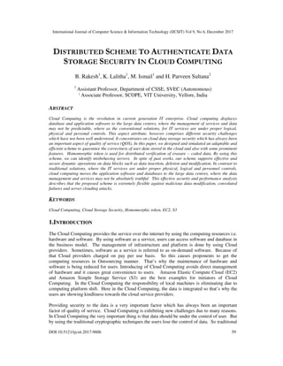 DISTRIBUTED SCHEME TO AUTHENTICATE DATA STORAGE SECURITY IN CLOUD COMPUTING | PDF