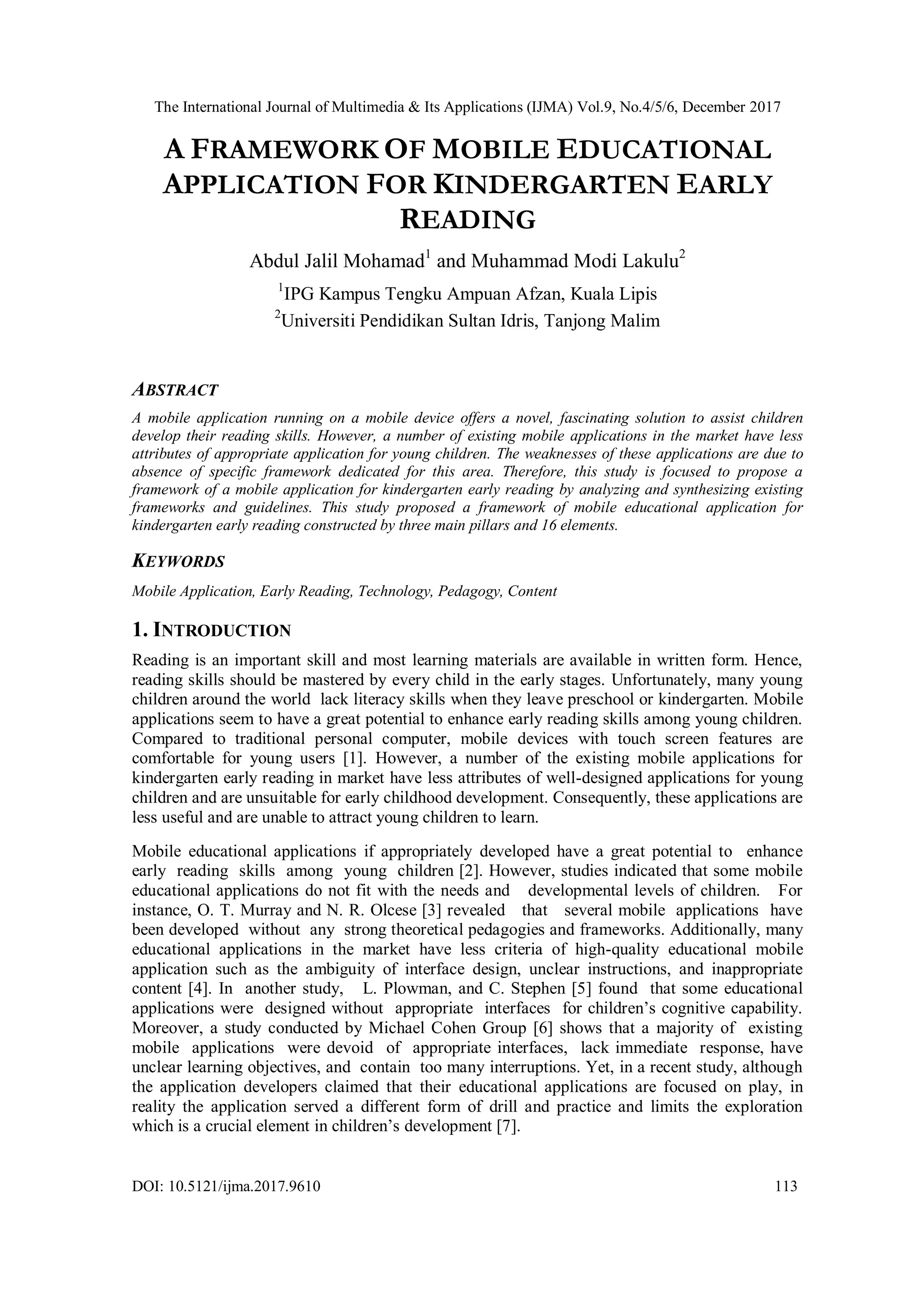 A FRAMEWORK OF MOBILE EDUCATIONAL APPLICATION FOR KINDERGARTEN EARLY ...