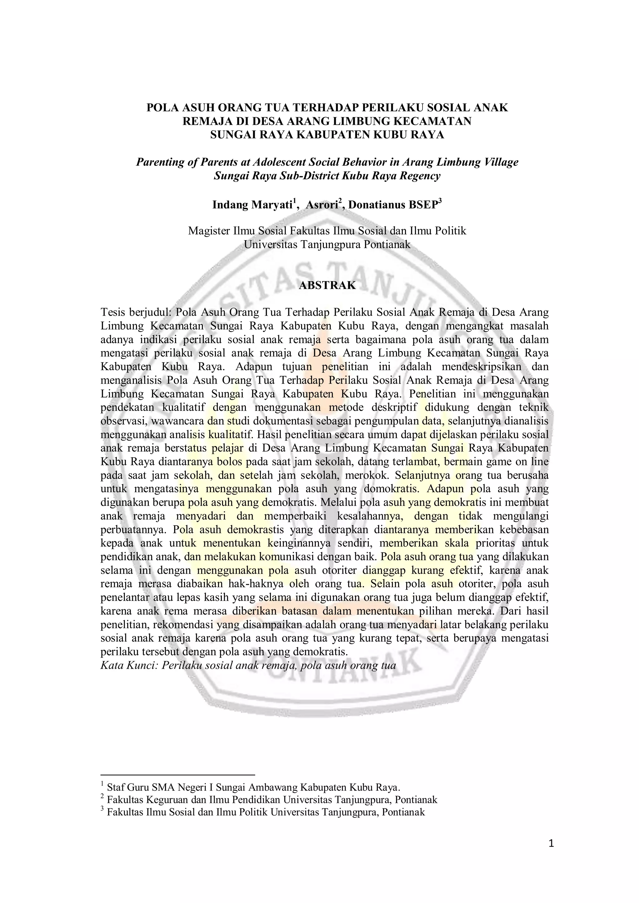 POLA ASUH ORANG TUA TERHADAP PERILAKU SOSIAL ANAK REMAJA DI DESA ARANG LIMBUNG KECAMATAN SUNGAI ...