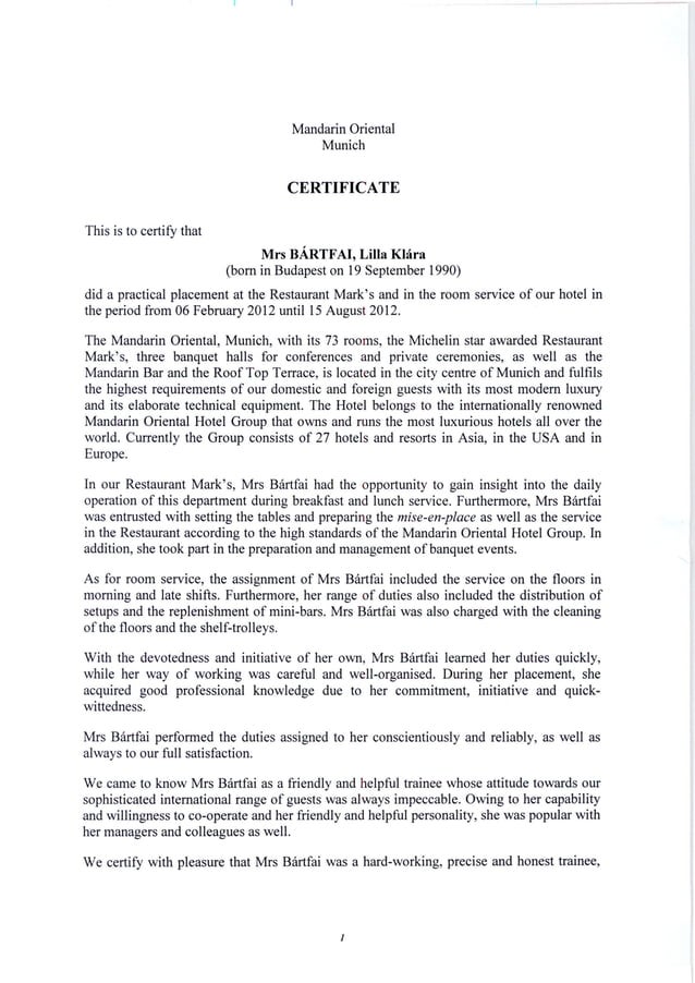 Reference Letter(Mandarin Oriental Munich) | PDF