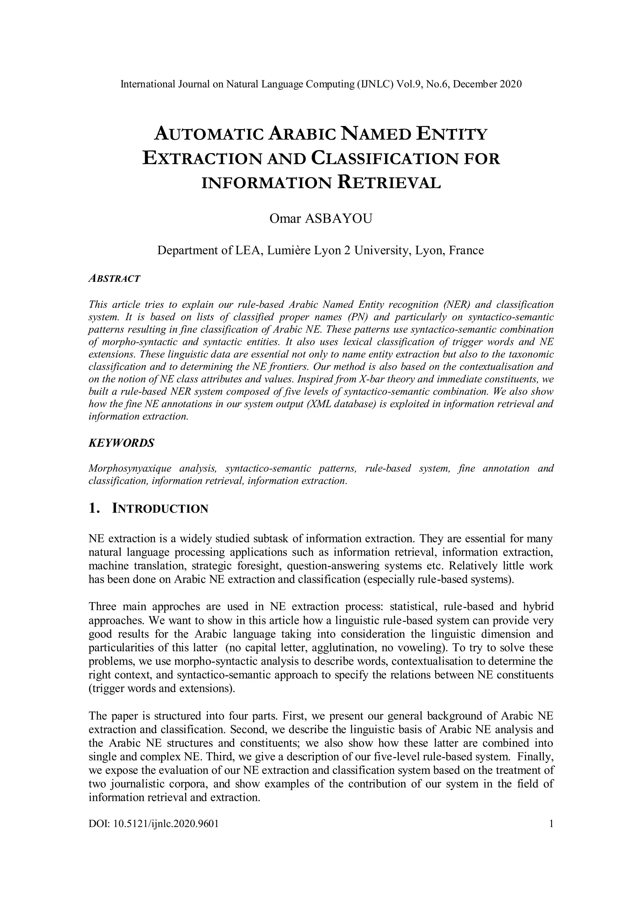 Automatic Arabic Named Entity Extraction And Classification For Information Retrieval Pdf