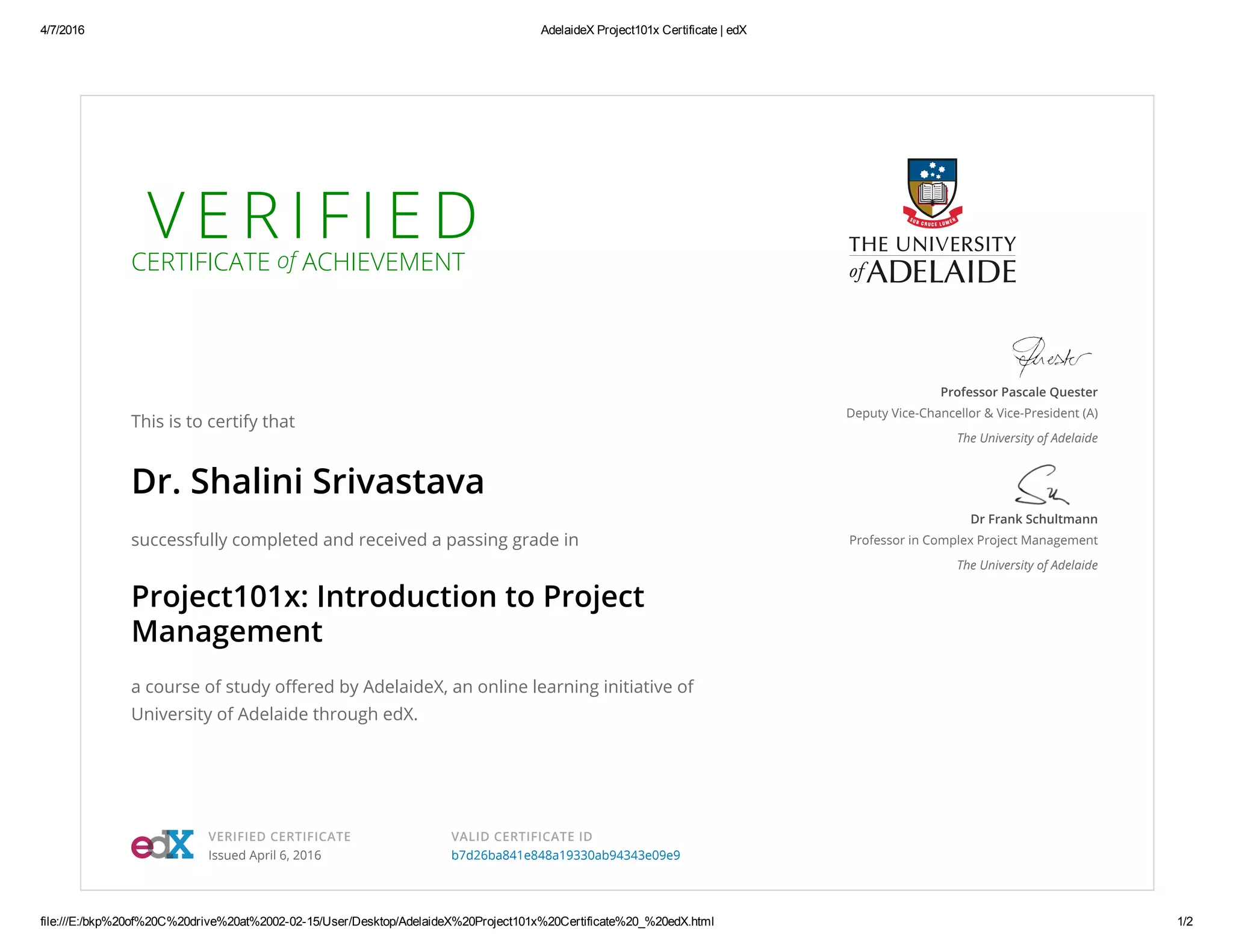AdelaideX Project101x Certificate _ edX | PDF