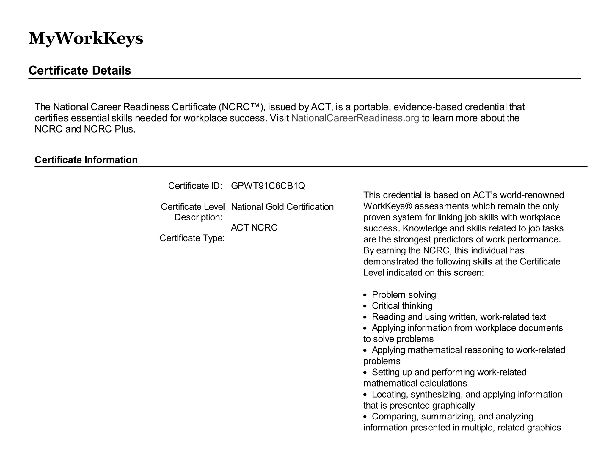 My WorkKeys_ Certificate Details | PPT