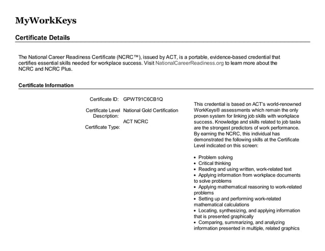My WorkKeys_ Certificate Details | PPT