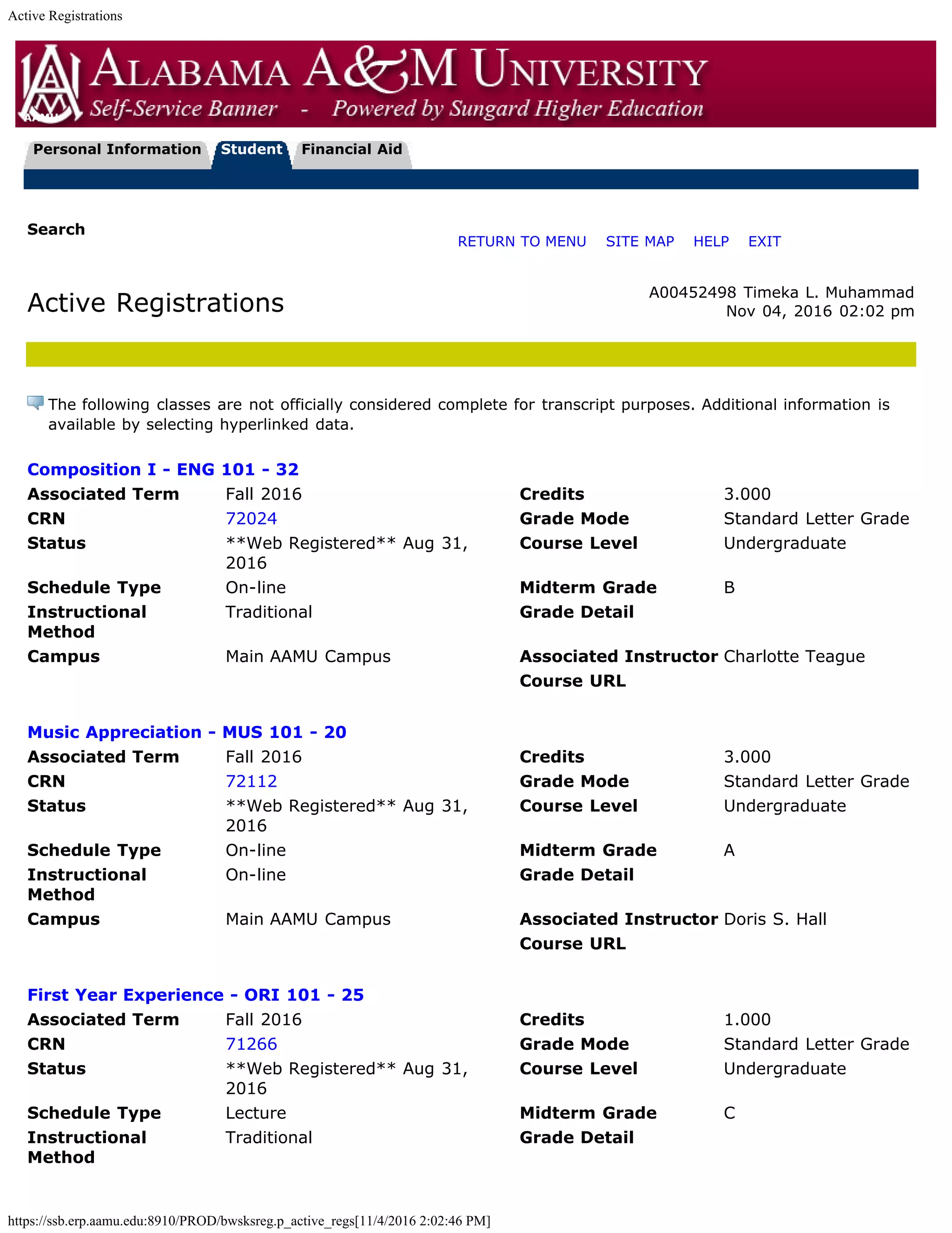 Active Registrations For Alabama A&M Timeka Muhammad | PDF