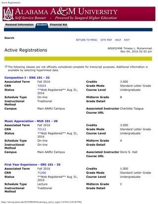 Active Registrations For Alabama A&M Timeka Muhammad | PDF