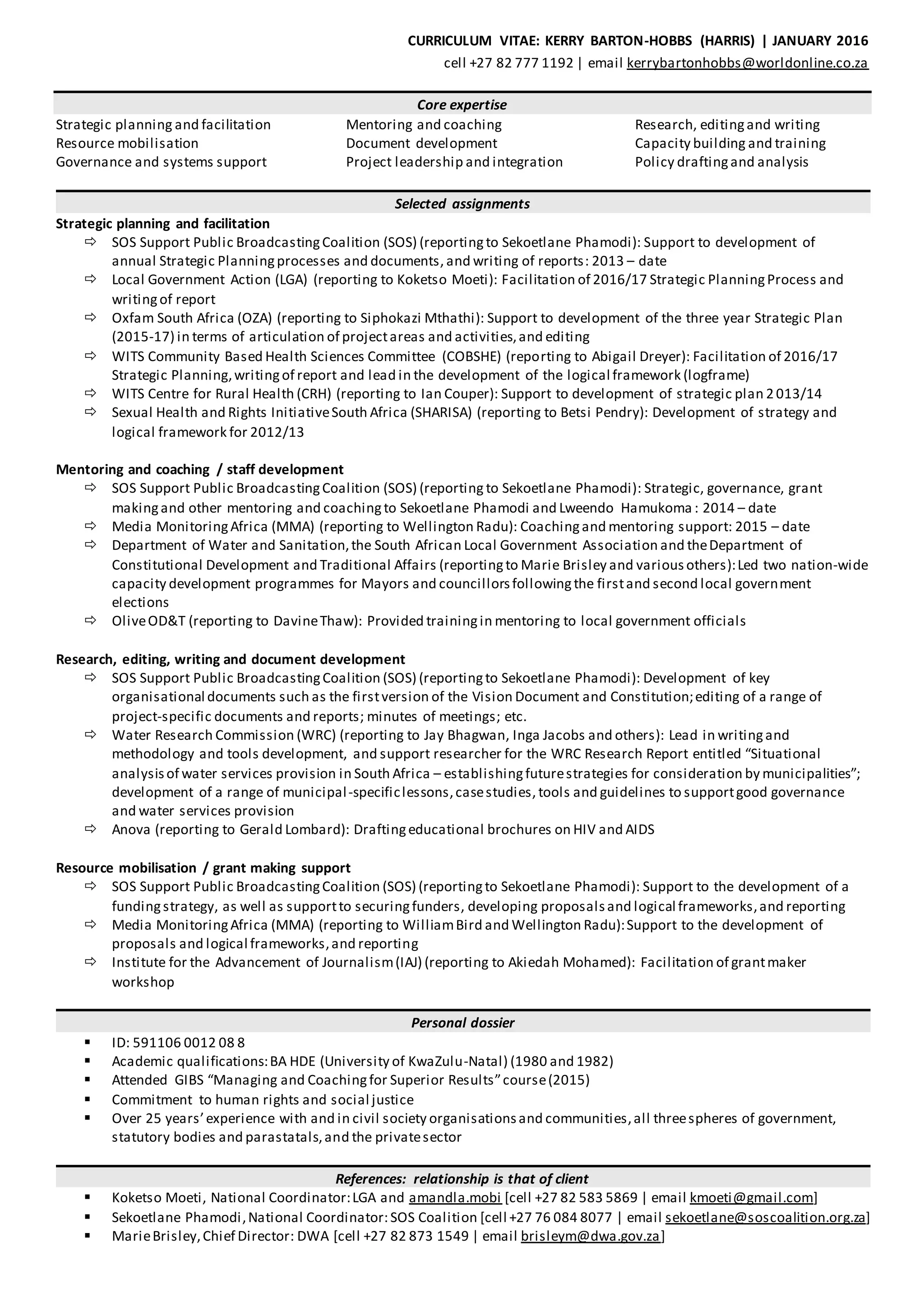 K Barton-Hobbs (Harris) CV Linked In (Jan 2016) | DOCX | Business | Business and Finance
