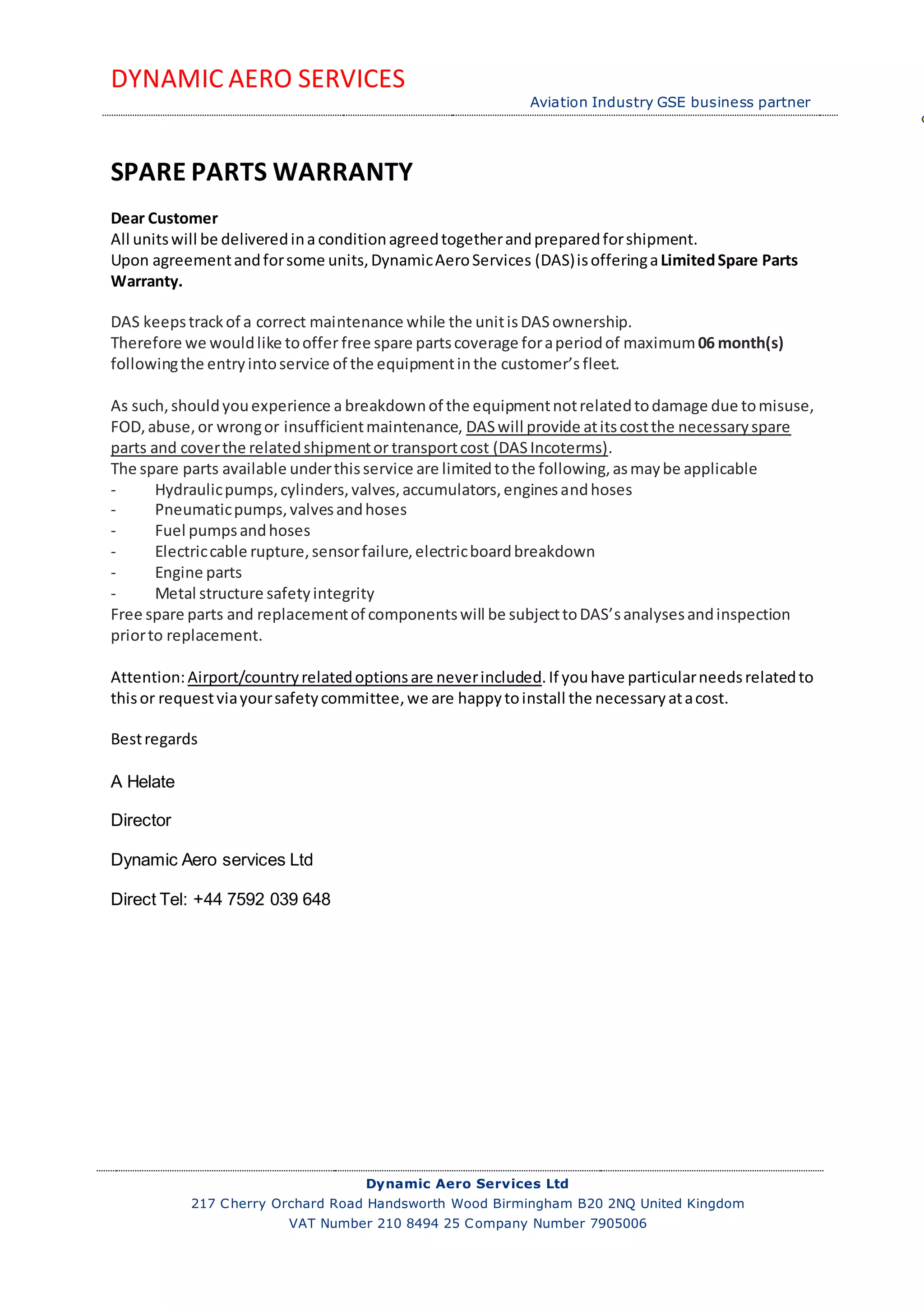 Explanation SPARE PARTS WARRANTY | DOCX