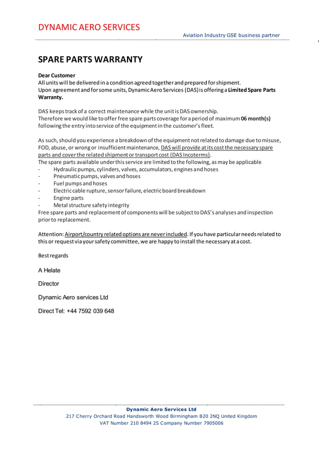 Explanation SPARE PARTS WARRANTY | PDF