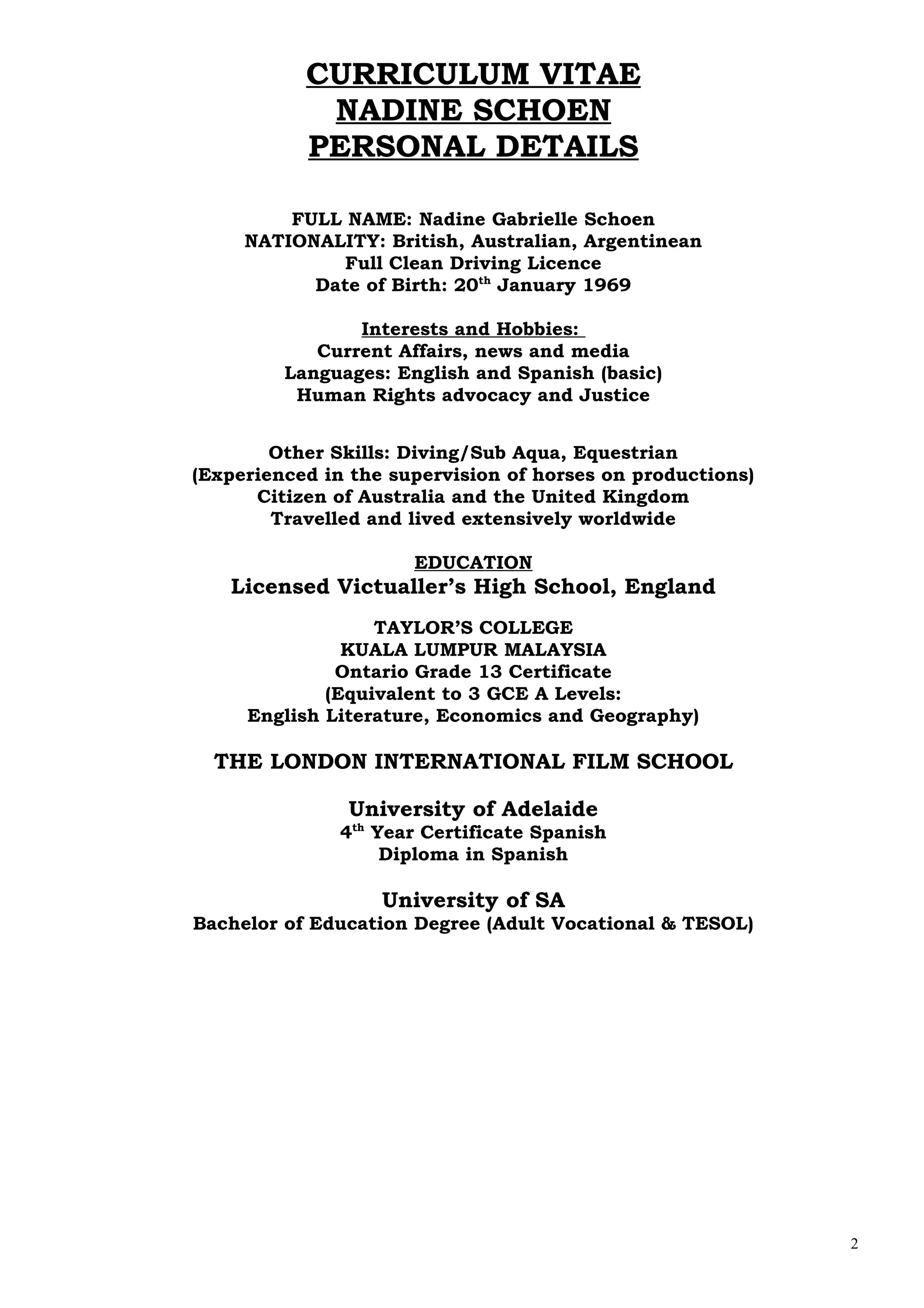 Nadine film & TV CV | PDF