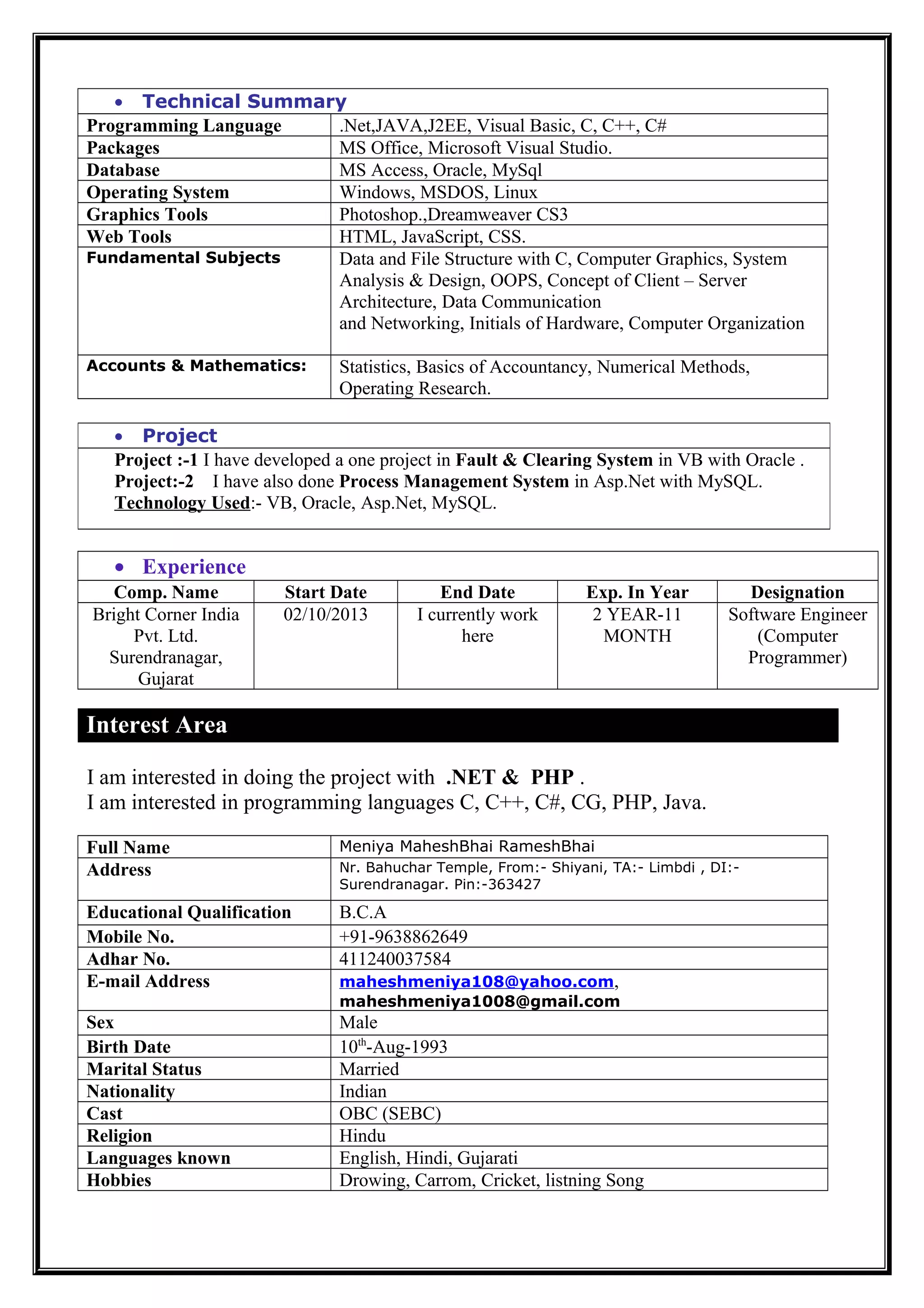 Resume_Mahesh | DOC | Programming Languages | Computing