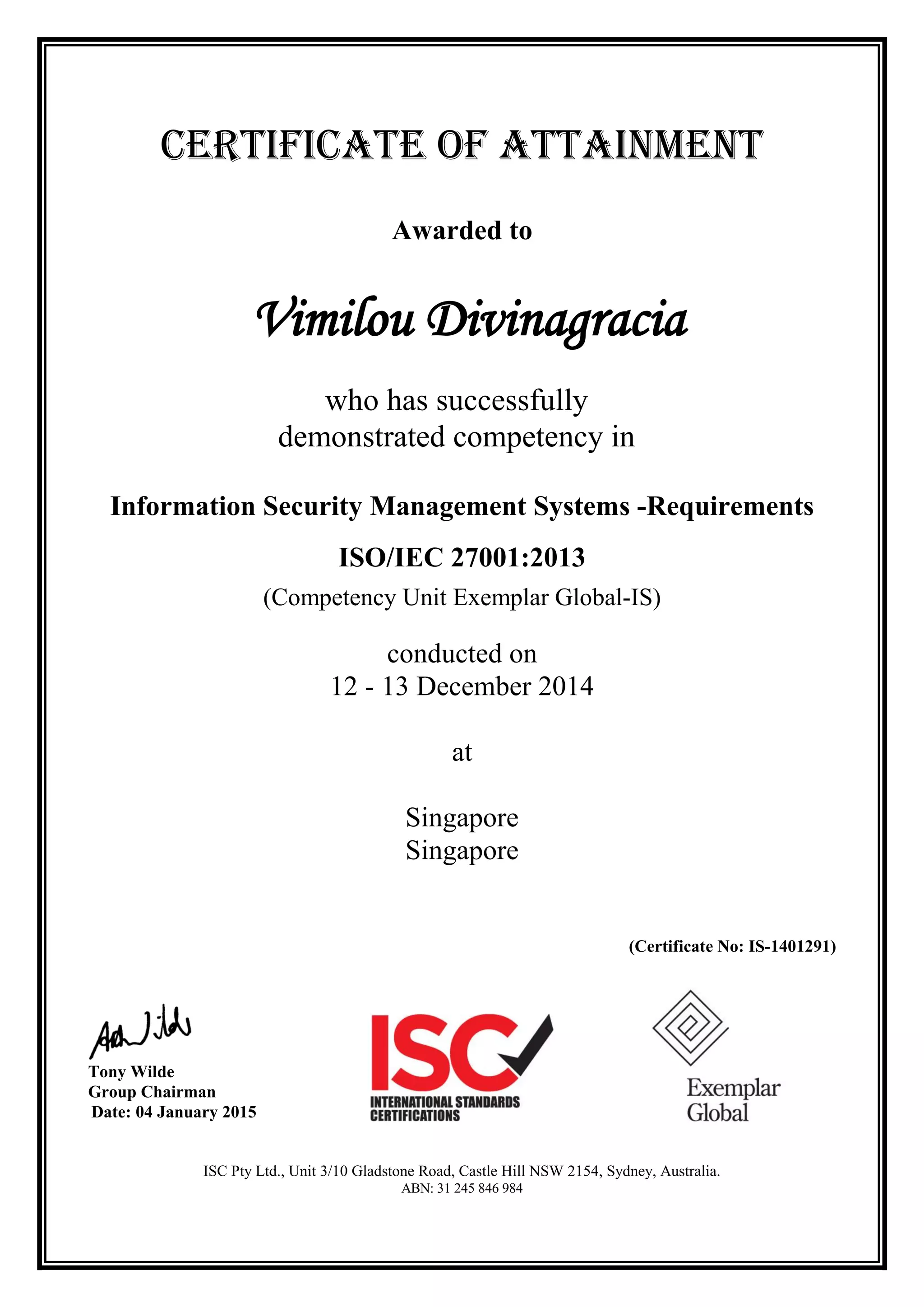 ISO 27001 Competence Vimilou Certificate_Vimilou Divinagracia | PDF