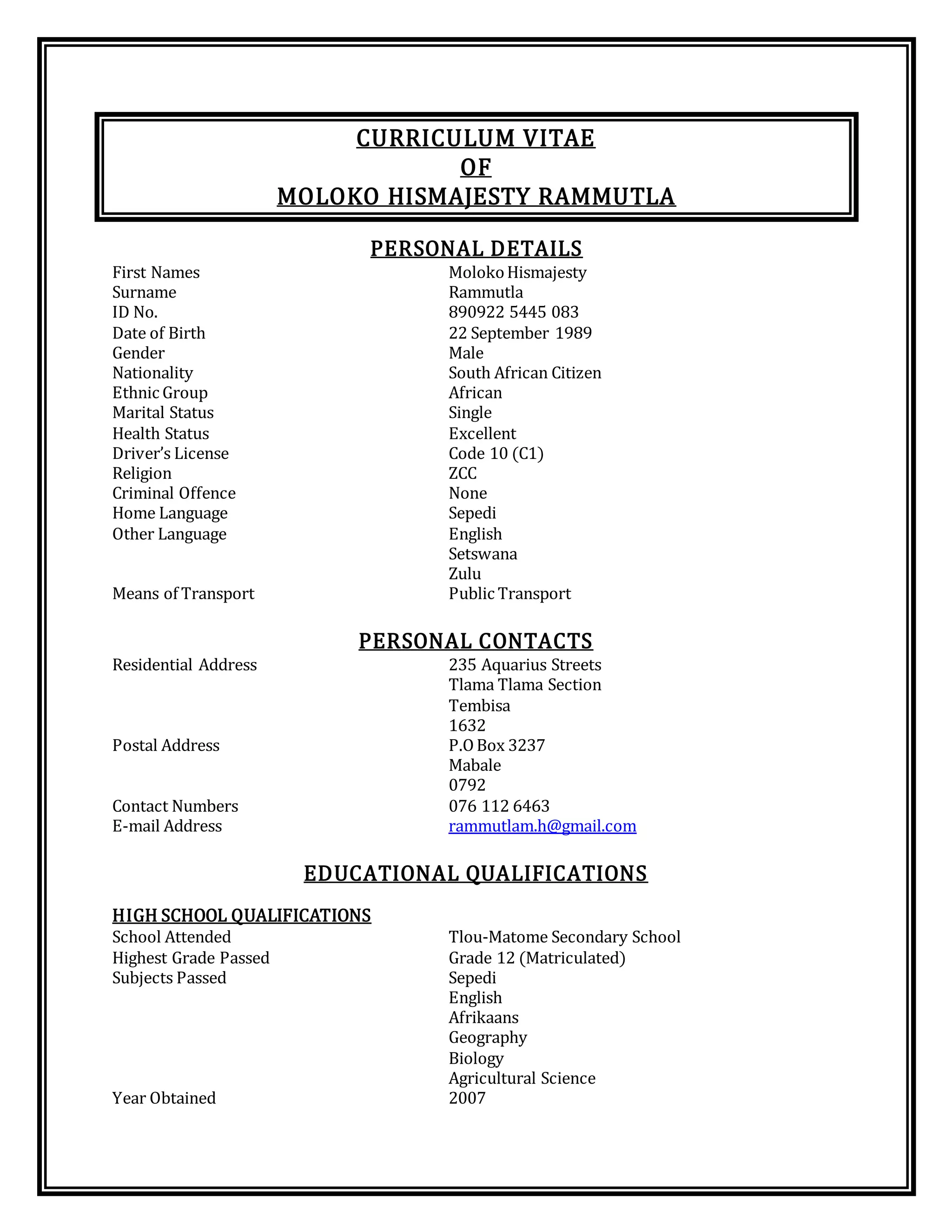 Hismajesty Moloko Rammutla Latest CV 2017 | DOCX