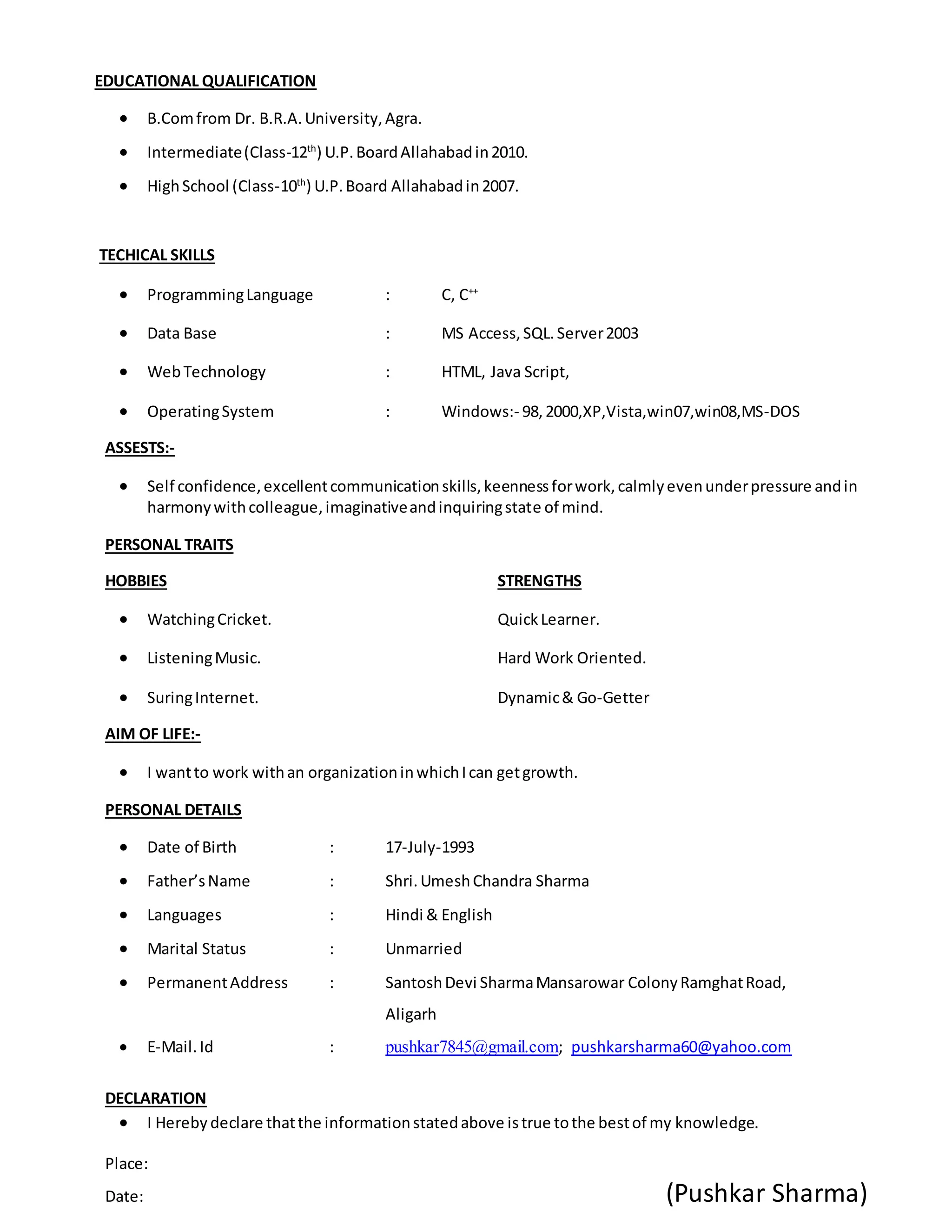 pushkar sharma resume | DOCX | Programming Languages | Computing