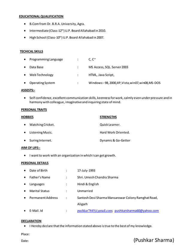 pushkar sharma resume | DOCX | Programming Languages | Computing