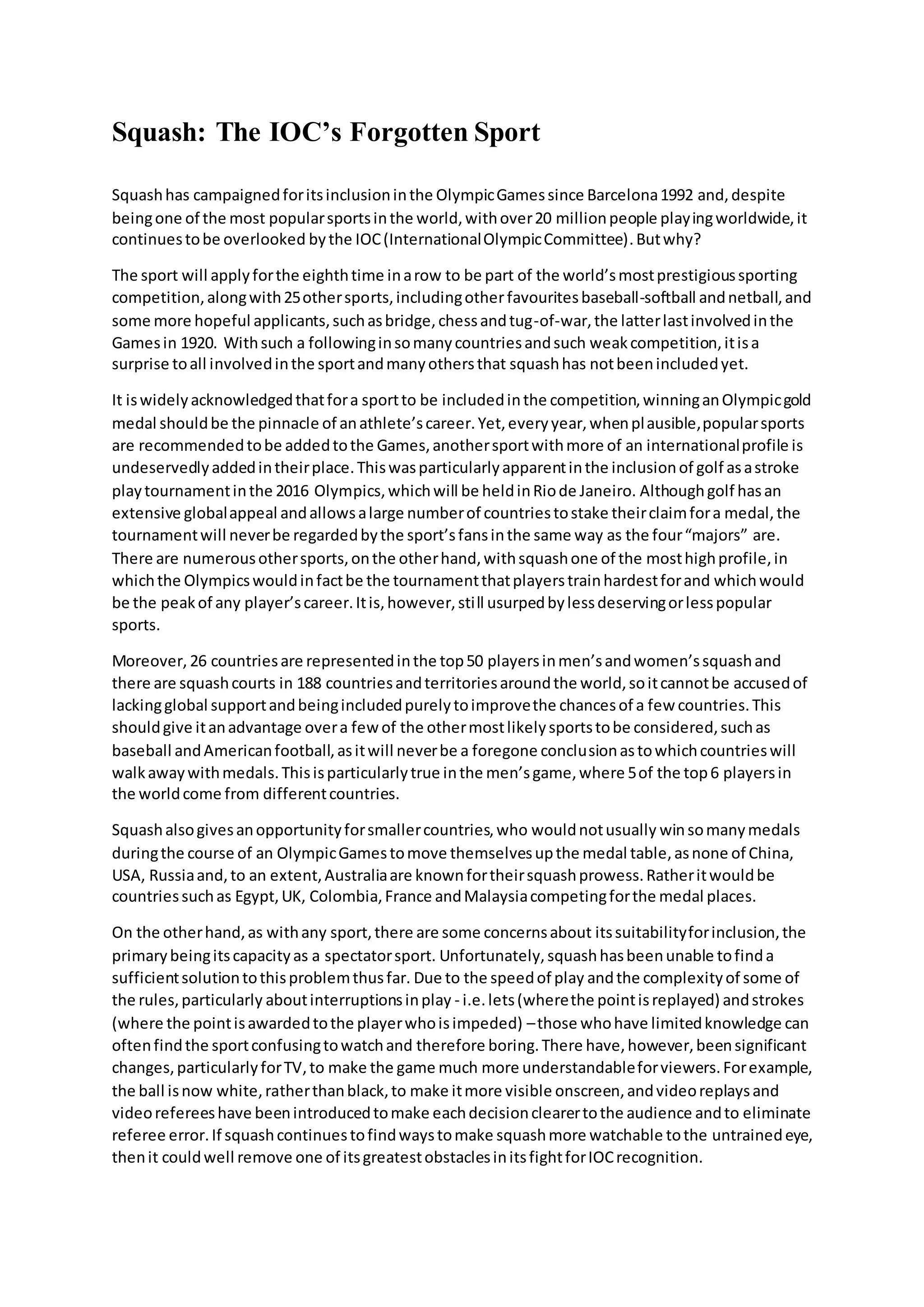 Squash The IOC's Forgotten Sport | DOCX