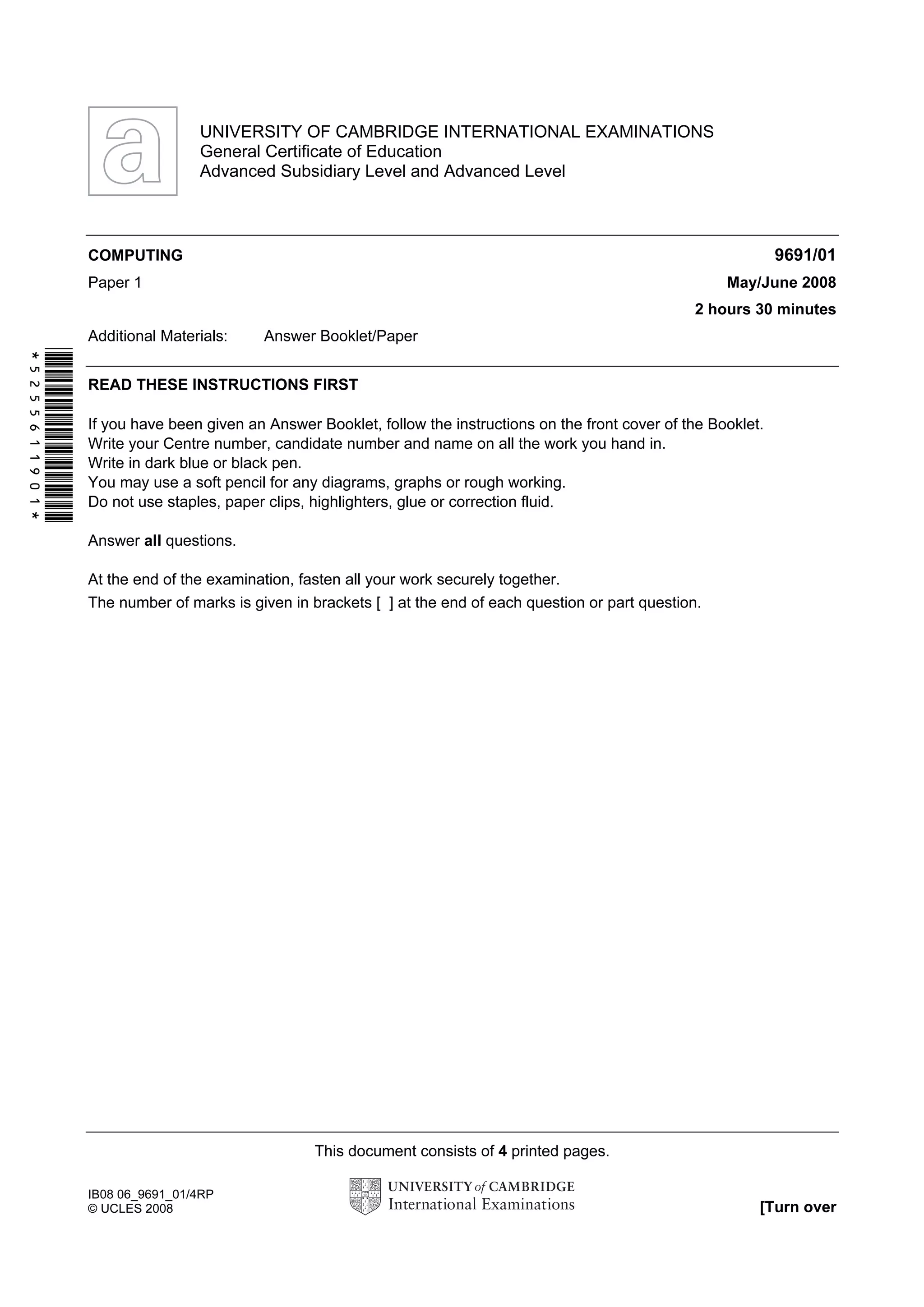 Computing Paper 1 May June 2008 Computers Cambridge Test Paper Zimsec