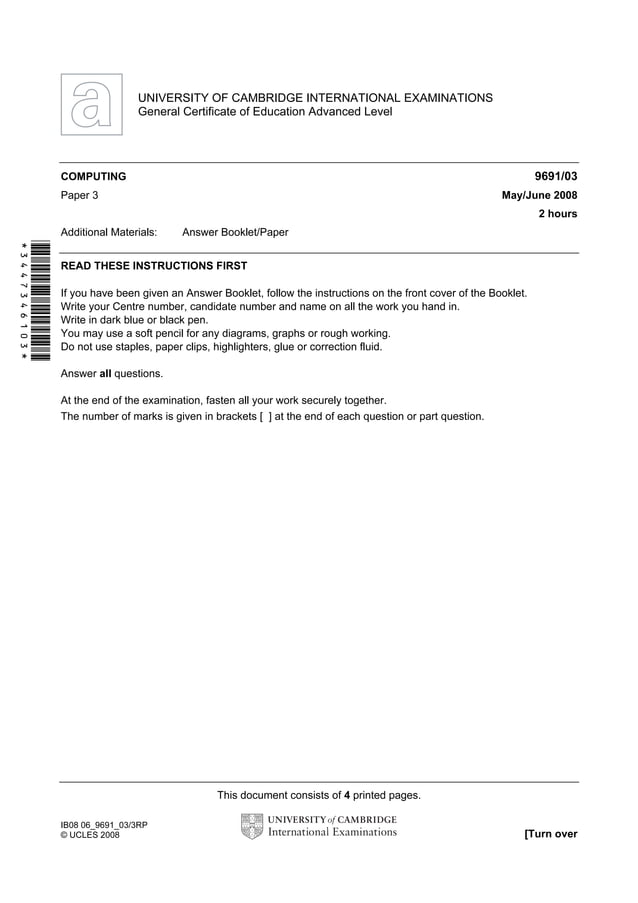 Computer Paper 3 May June 2008 9691 Cambridge General Certificate Of