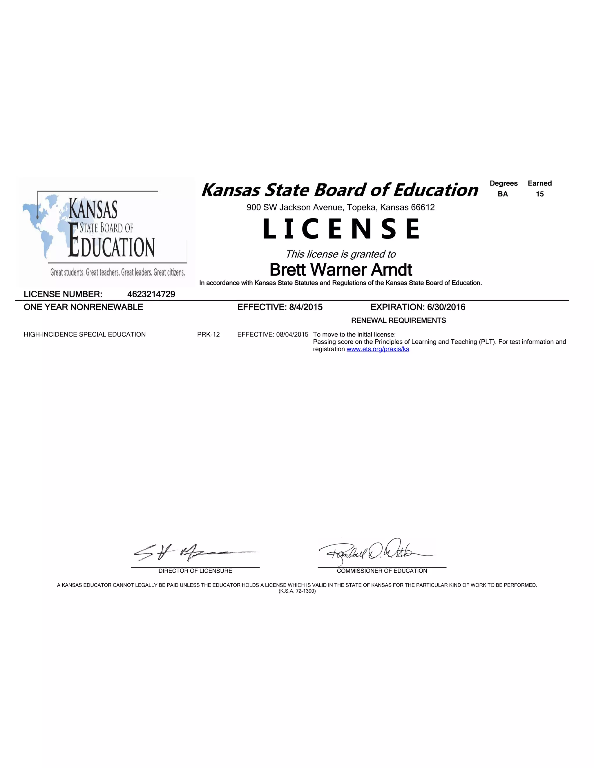 Kansas Teaching License | PDF