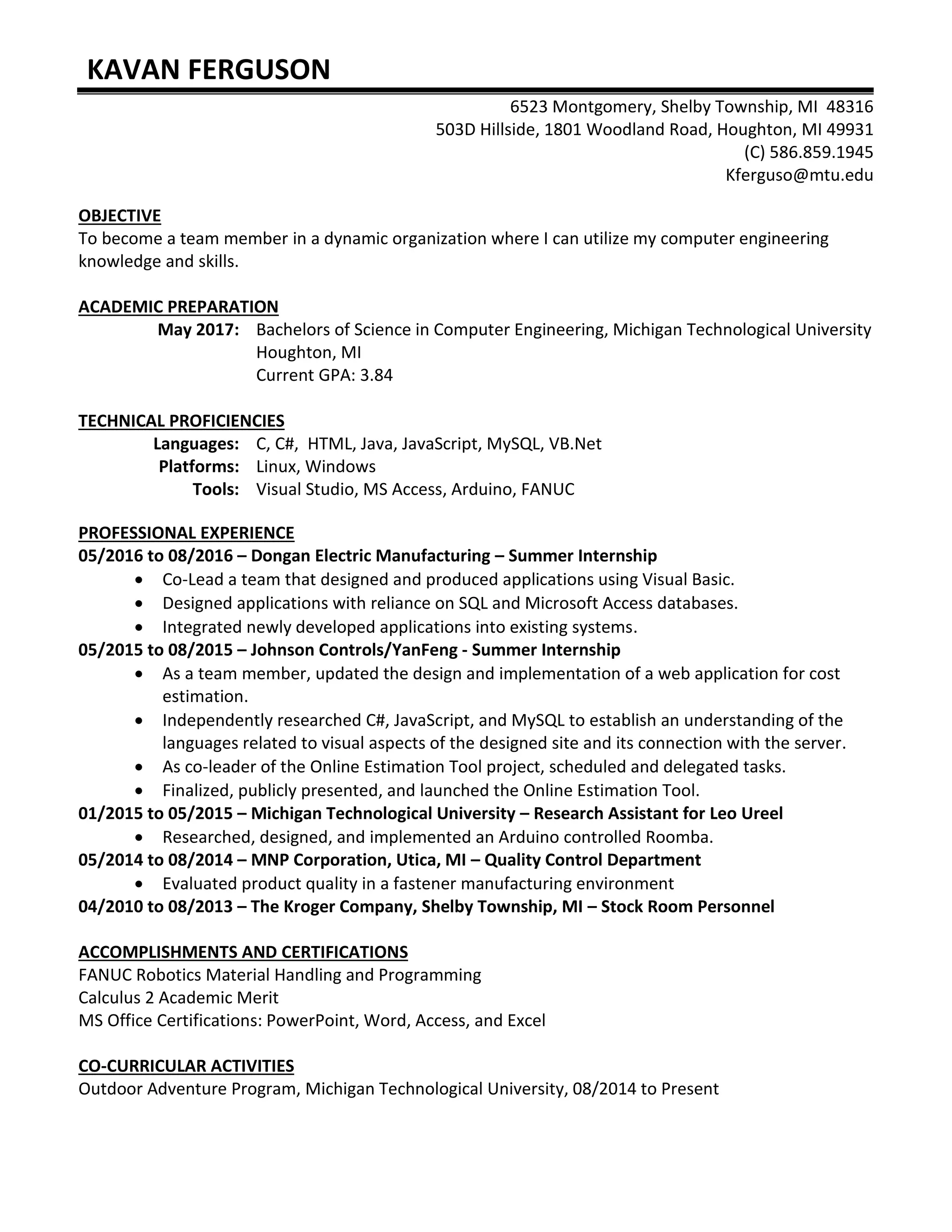 Kavan Ferguson Resume - Fall 2016 | PDF