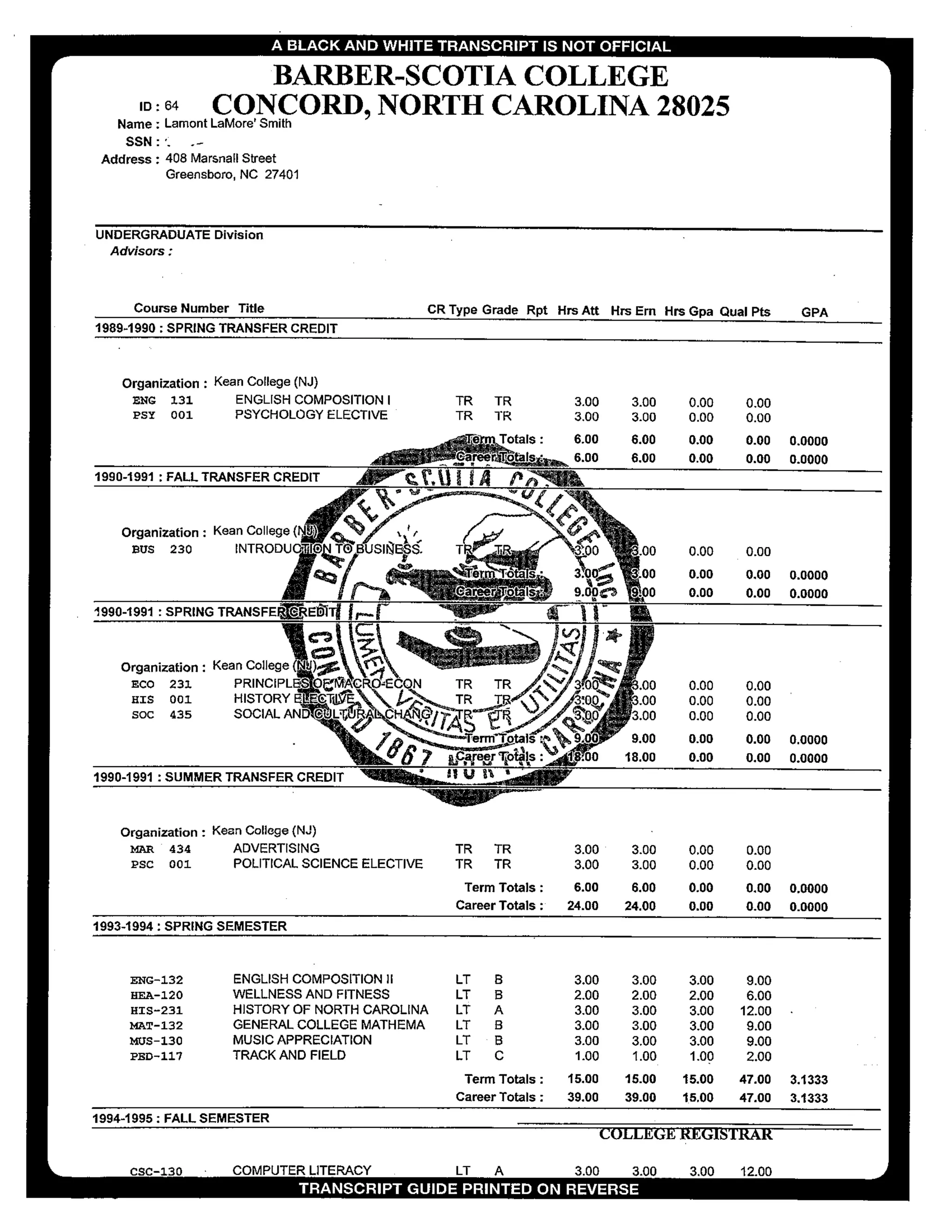 LaMont Smith Official Transcripts | PDF