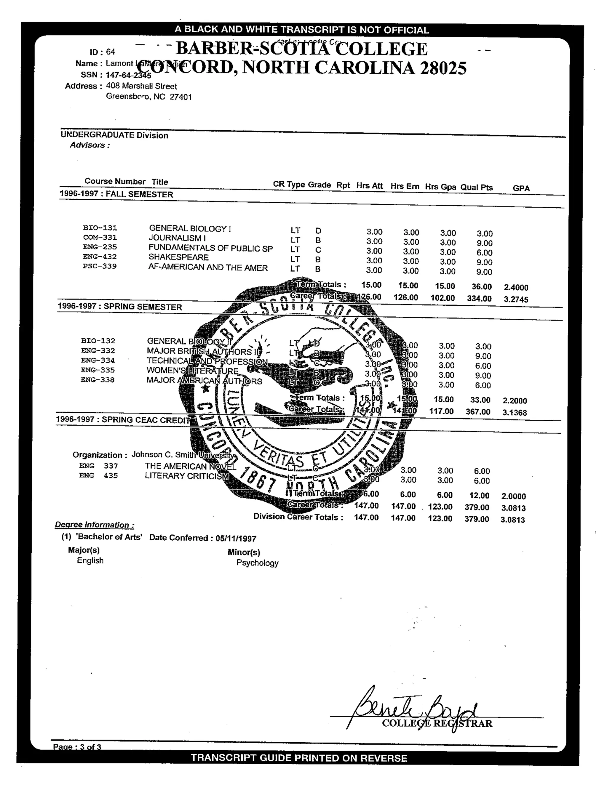 LaMont Smith Official Transcripts | PDF