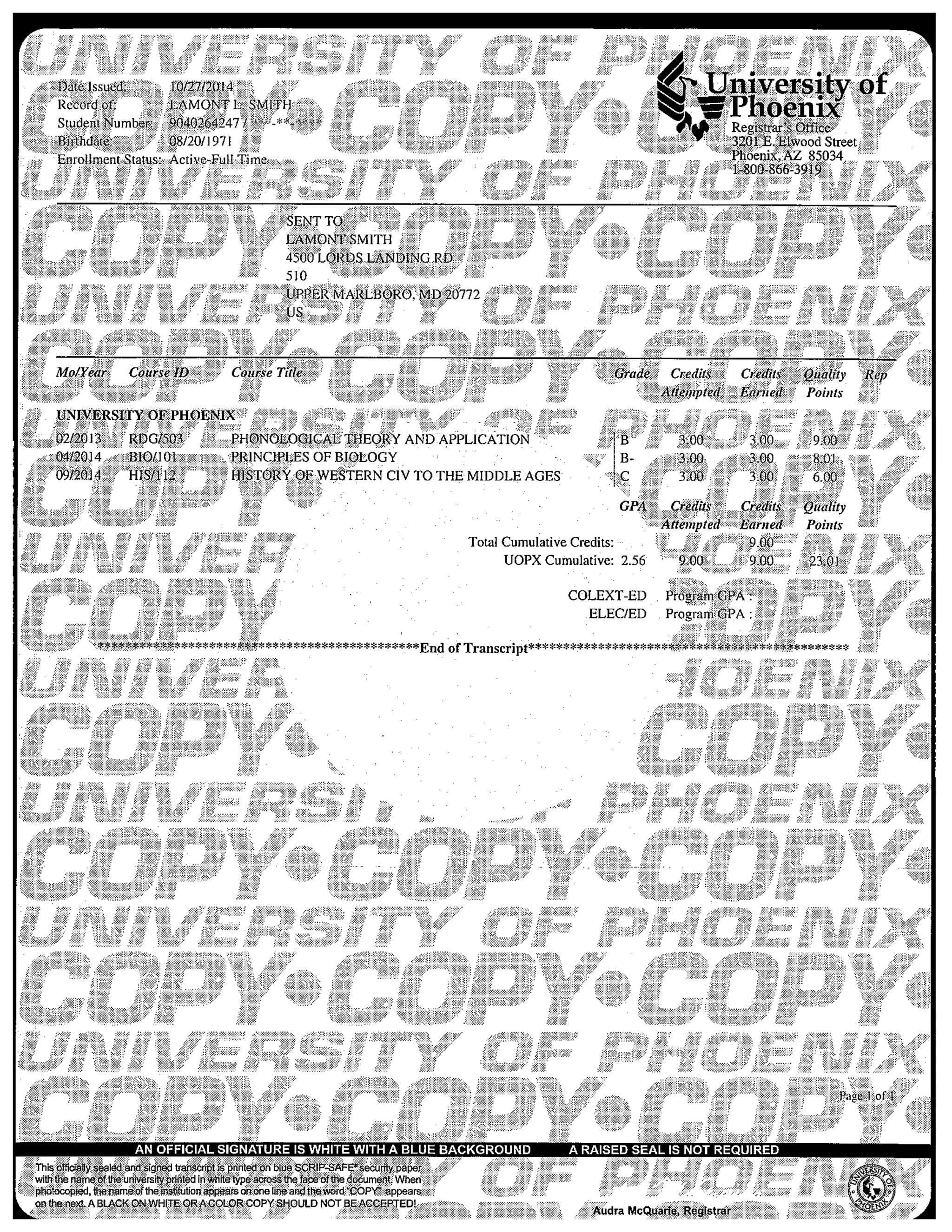 LaMont Smith Official Transcripts | PDF