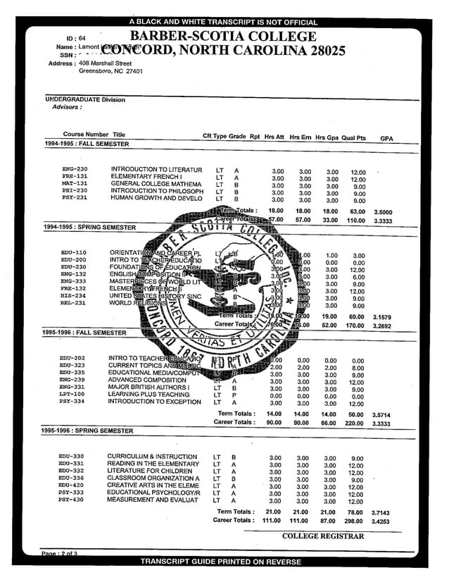 LaMont Smith Official Transcripts | PDF