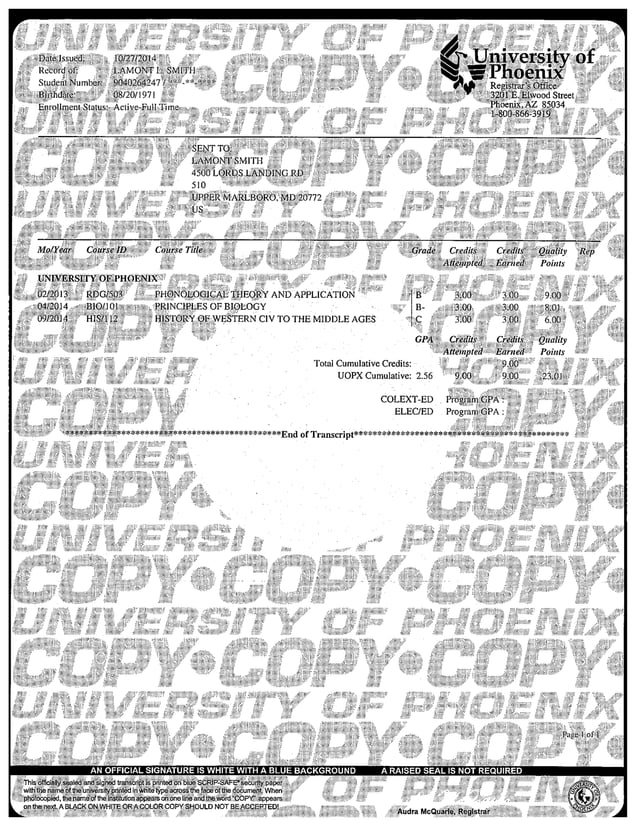 LaMont Smith Official Transcripts | PDF